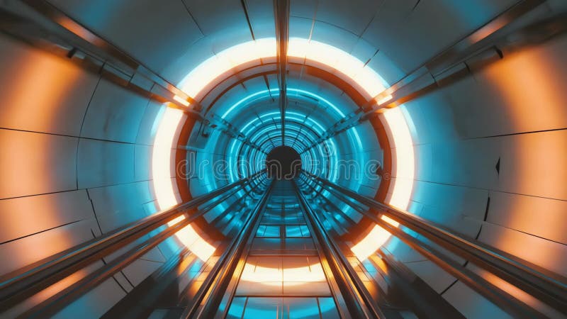 High-tech Tunnel Interior with Glowing Circular Orange and Blue LED ...
