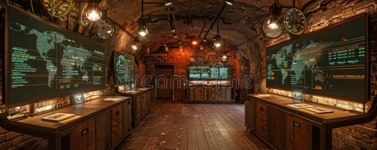 High-Tech Underground Command Center with Interactive World Maps and ...