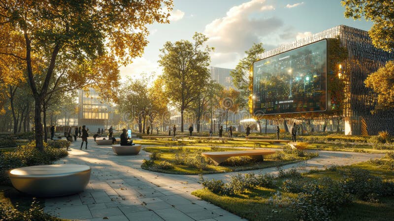 Futuristic Park with Interactive Screen Display Stock Illustration ...