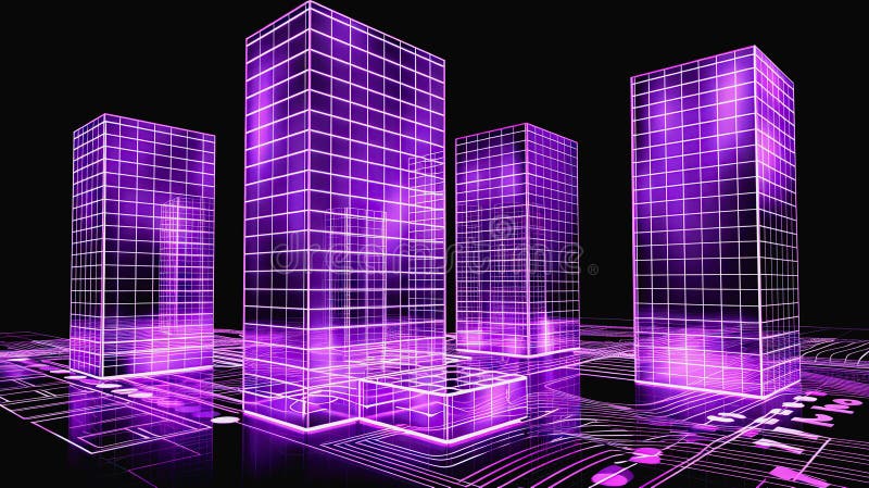 High-tech Urban Landscape with Illuminated Skyscrapers and Neon Digital ...