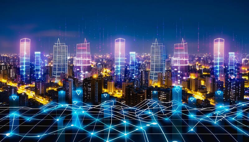 High-tech Urban Landscape with Illuminated Skyscrapers and Neon Digital ...