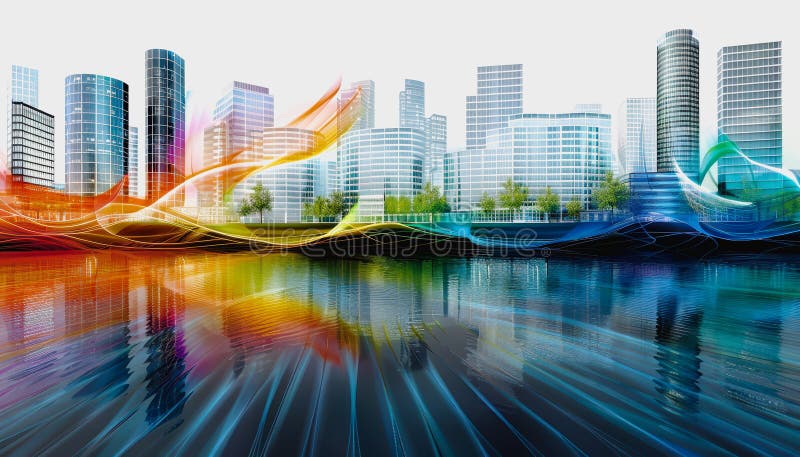 High-tech Urban Landscape with Illuminated Skyscrapers and Neon Digital ...