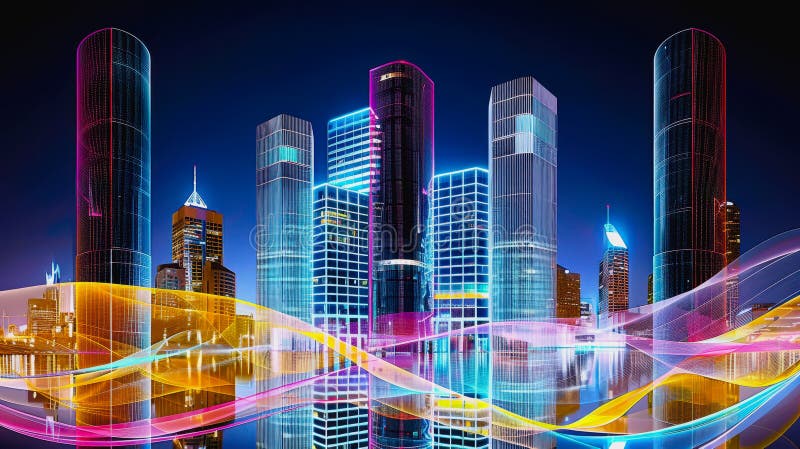 High-tech Urban Landscape with Illuminated Skyscrapers and Neon Digital ...