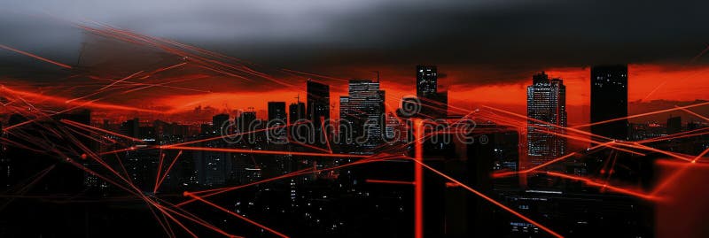 High-tech Urban Skyline with Red Network Overlays Stock Illustration ...