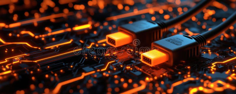 High-tech USB Cables on Glowing Circuit Board Background with Orange ...