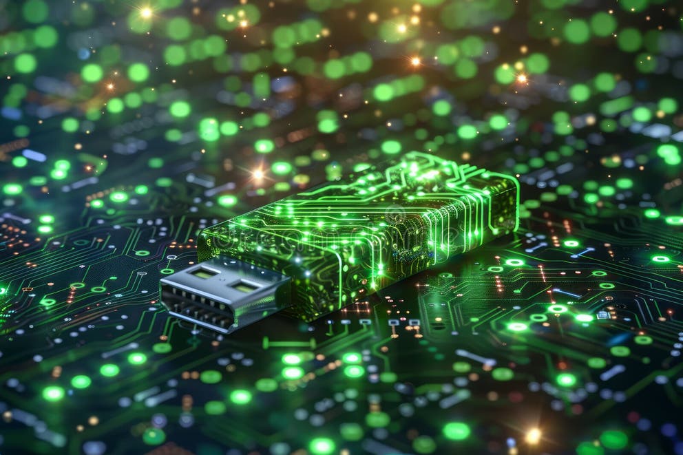 High Tech USB Flash Drive with Glowing Green Circuitry on a Motherboard ...