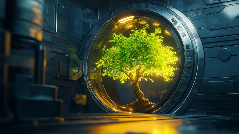 High-tech Vault Door Opening To Reveal a Glowing Green Tree ...