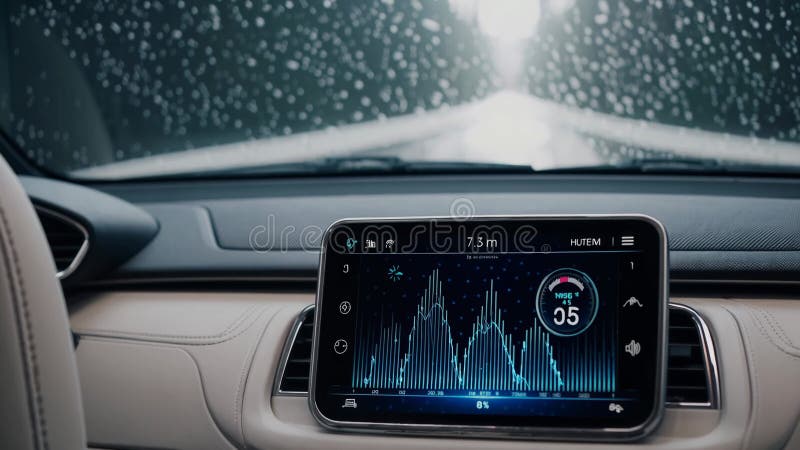 Advanced Car Display Monitoring Climate Control in Rainy Weather Stock ...