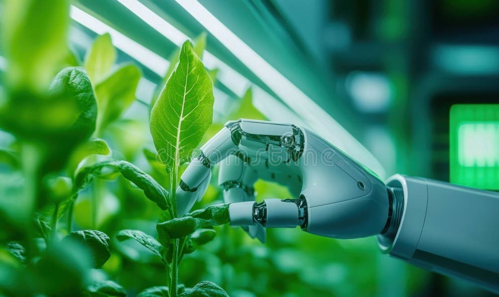 High-Tech Vertical Farm with Robotic Arms and AI Control Panels Stock ...