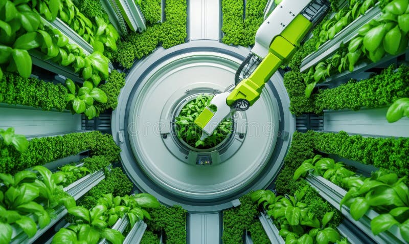 High-Tech Vertical Farm with Robotic Arms and AI Control Panels Stock ...