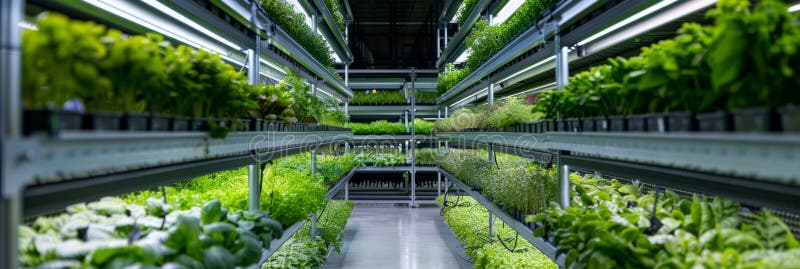 A High-tech Vertical Farm with Rows of Hydroponic Systems and Automated ...
