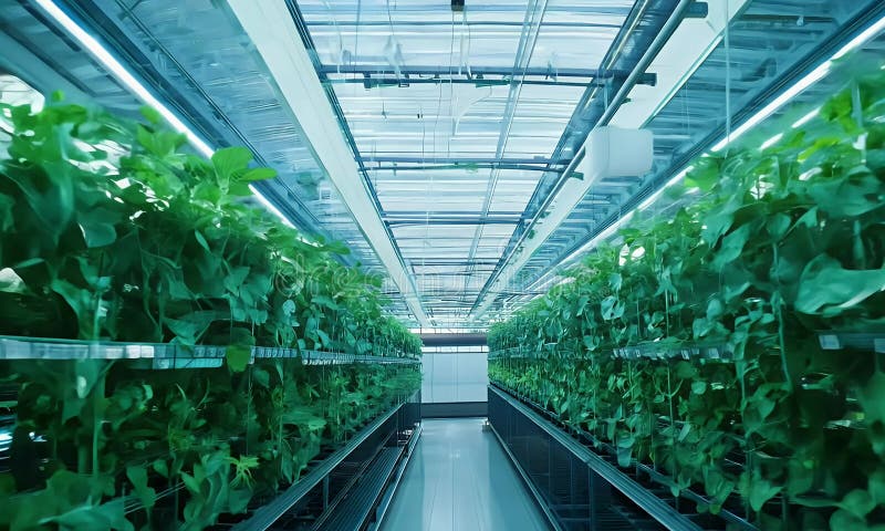 A High-tech Vertical Farm with Rows of Hydroponic Systems and Automated ...