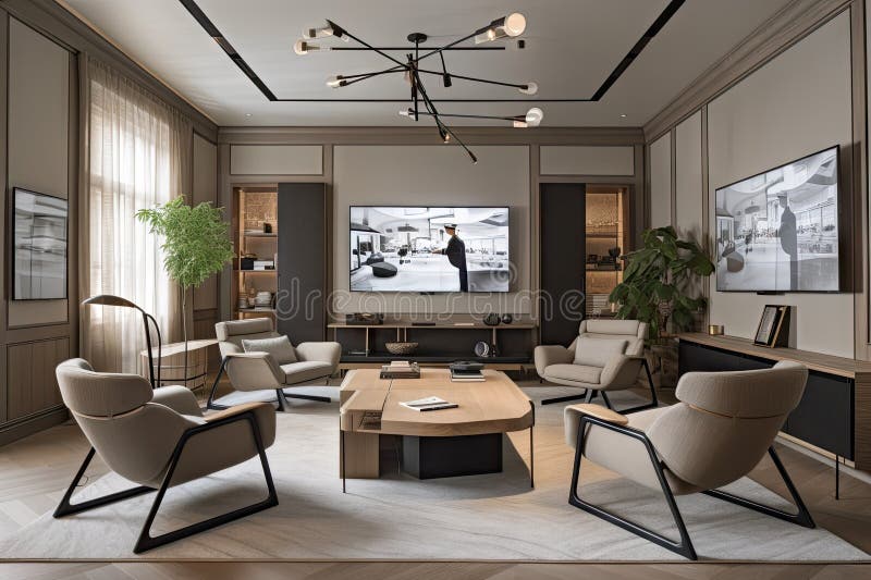 High-tech Video Conference Setup, with Multiple Screens and Speakers ...