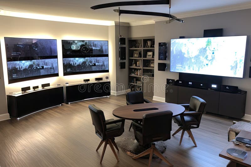 High-tech Video Conference Setup, with Multiple Screens and Speakers ...