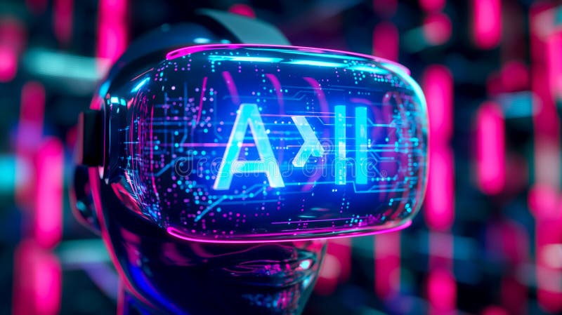 A High-tech Virtual Reality Headset with Glowing Neon Blue Symbols ...