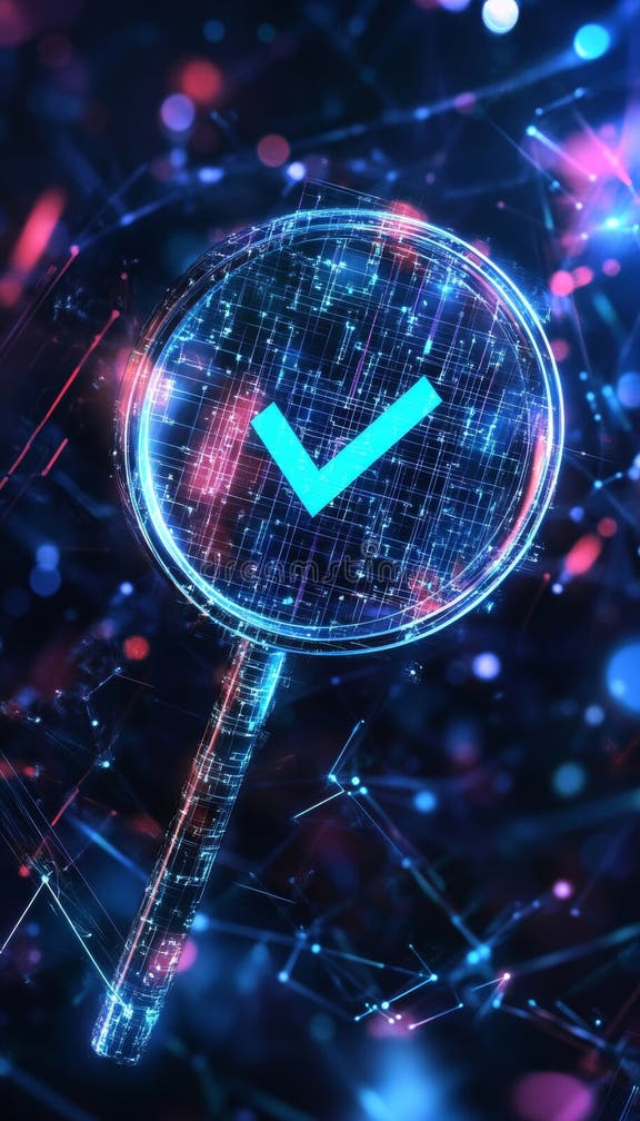 High Tech Visual of a Magnifying Glass with a Blue Check Mark for Data ...