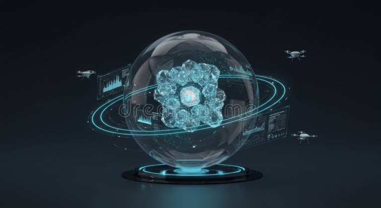 Futuristic Crystal Core with Data Streams and Drones Stock Illustration ...