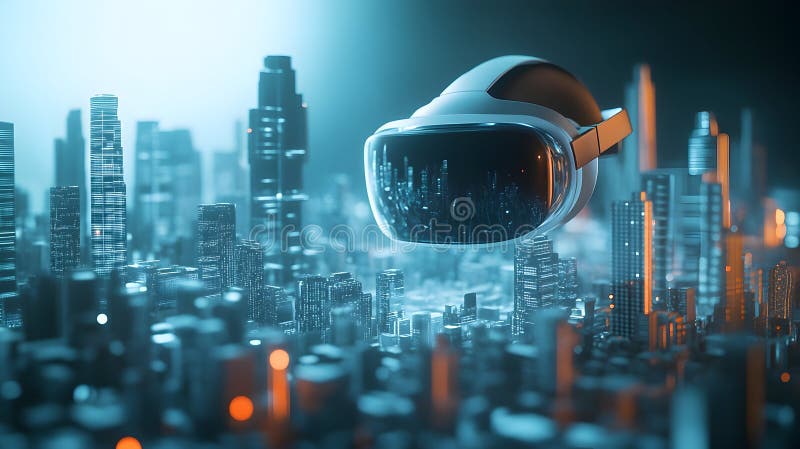 High-Tech VR Headset Hovering Over a Metropolis Depicting Virtual ...