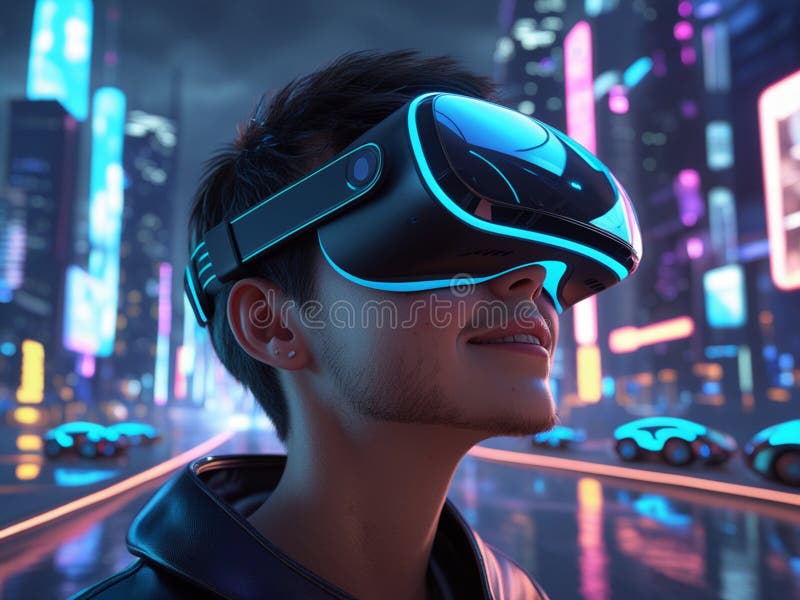 High Tech VR Headset User Navigating a Digital Metaverse Landscape Stock Illustration ...