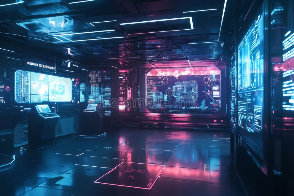 A High-tech VR Simulation Chamber 3D Background Room with Massive ...