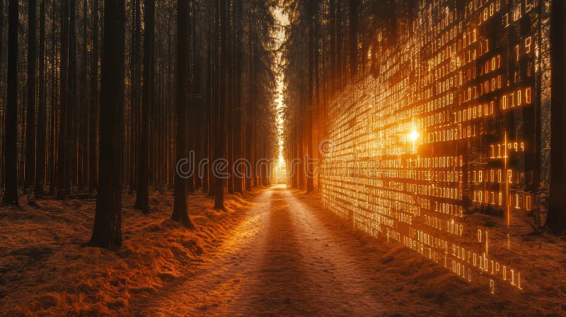 A High-tech Wall in the Forest, Illuminated with Glowing Binary Code ...