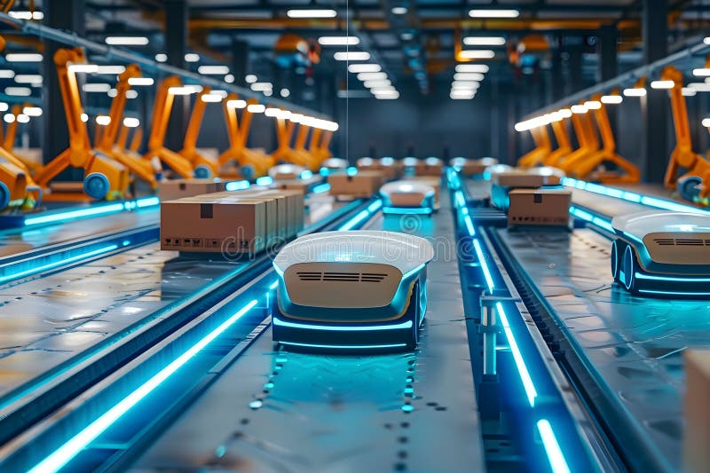 High-tech Warehouse with Autonomous Robot Cars Transporting Cardboard ...