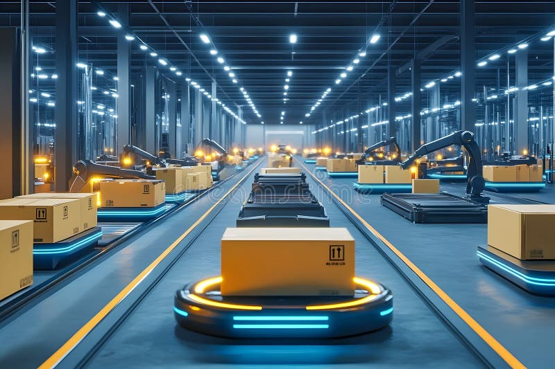 High-tech Warehouse with Autonomous Robot Cars Transporting Cardboard ...