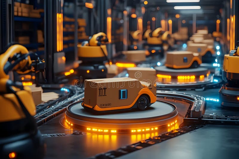 High-tech Warehouse with Autonomous Robot Cars Transporting Cardboard ...