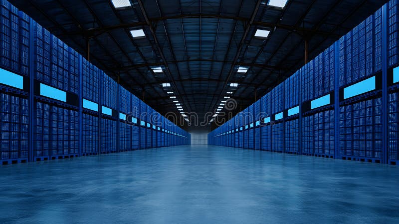 High-Tech Warehouse Featuring Digital Screens Displaying Inventory Data ...