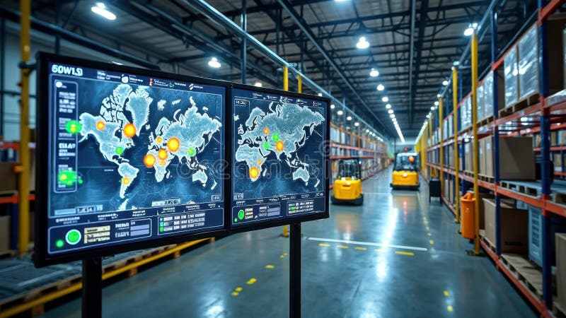 High-tech Warehouse with Forklifts and Global Tracking Screens in ...
