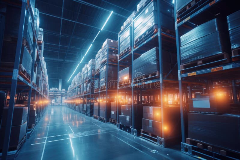 Modern Warehouse with Illuminated Aisles Stock Illustration ...