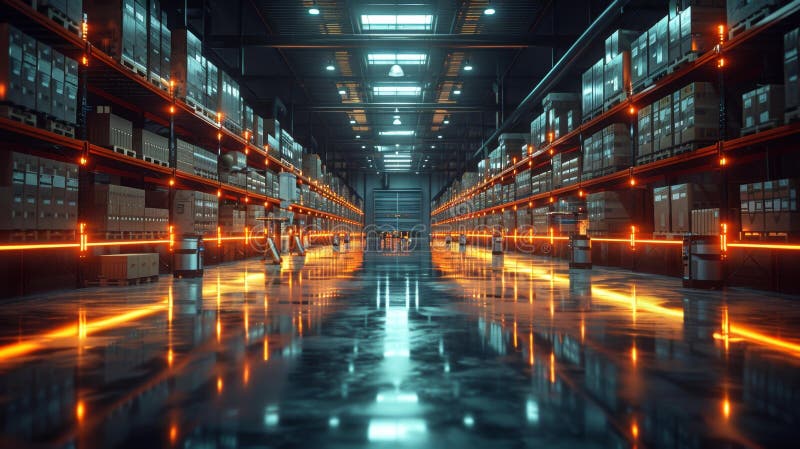 High-tech Warehouse with Orange Lighting - Generative Ai Stock Illustration - Illustration of ...