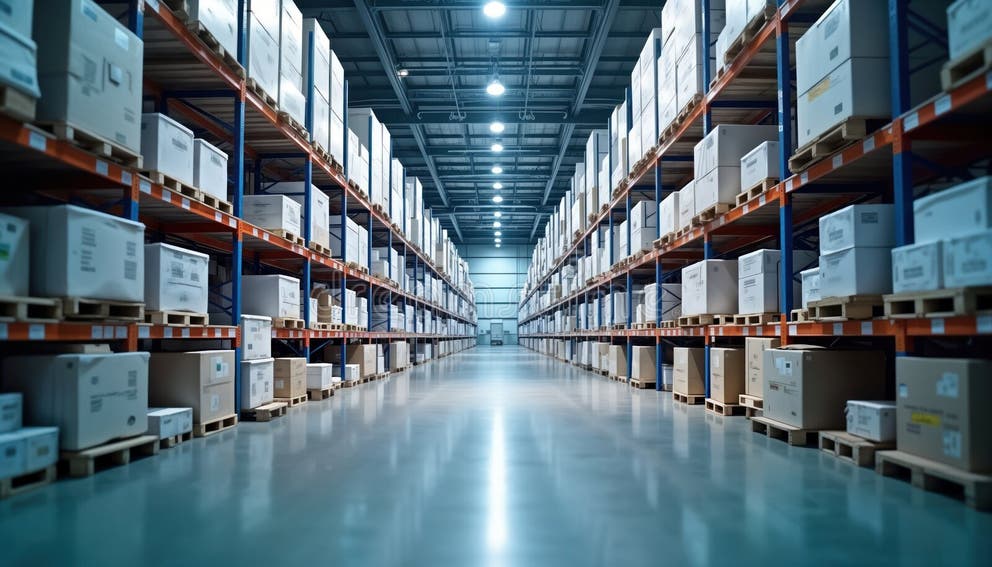 High Tech Warehouse. Organized Space. Lots of Boxes. Modern Storage ...