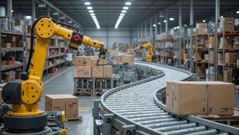 High Tech Warehouse with Robots on Conveyor Belts and Stocked Shelves ...