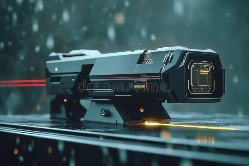 Futuristic Weapon with Glowing Details Rests on a Sleek Surface in a ...