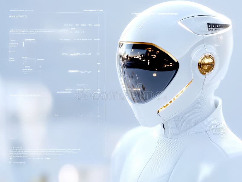 A High-tech White Helmet with Gold Elements, Equipped with a ...