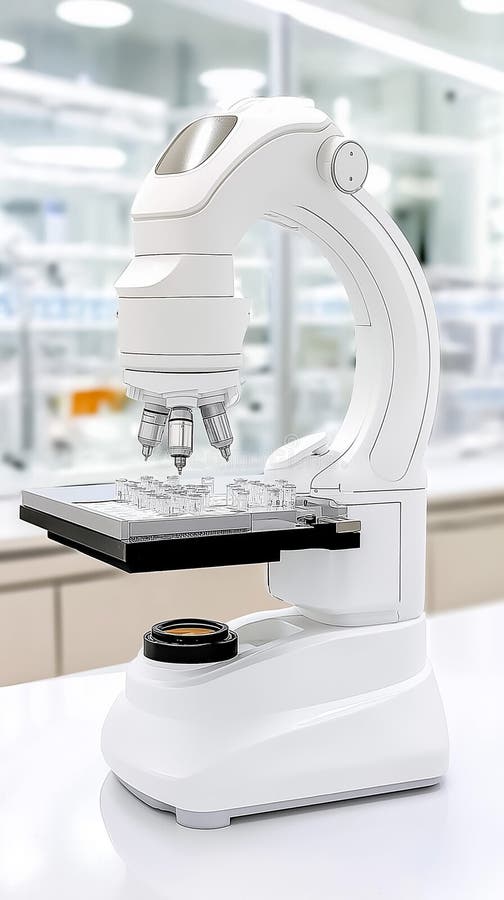 High-tech White Microscope Positioned on Laboratory Bench for Detailed ...