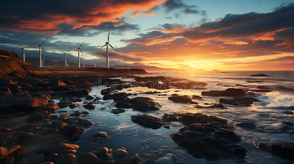 High-tech Wind Turbines Against a Dramatic Sunset, Clean Backdrop ...