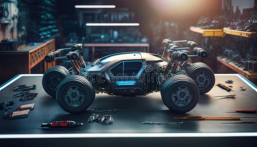 High Tech Workbench in Futuristic Garage Featuring Advanced Remote ...