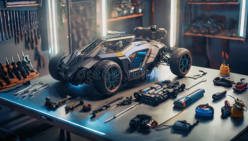 Futuristic Garage Workbench Showcasing Advanced Remote Controlled ...
