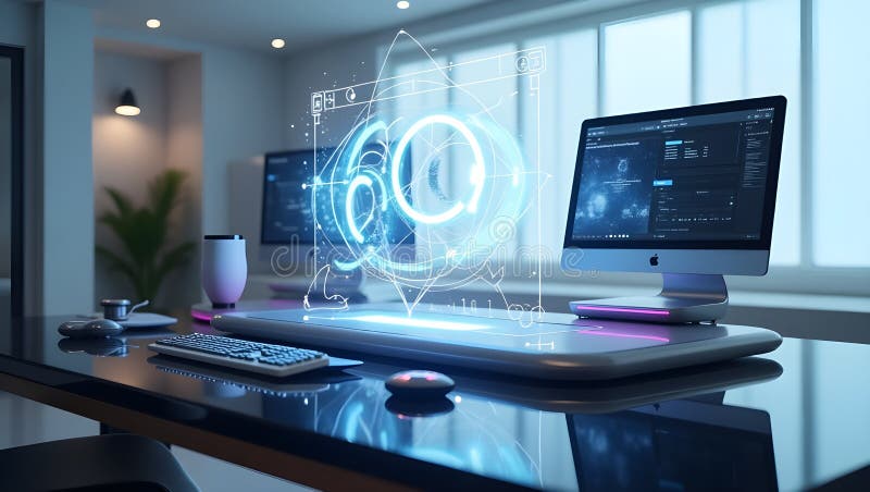 A High-tech Workspace with Augmented Reality Holograms Projected in Mid ...