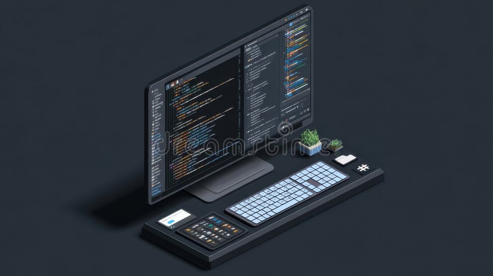 High-tech Workspace with Coding Setup Featuring a Monitor, Keyboard ...