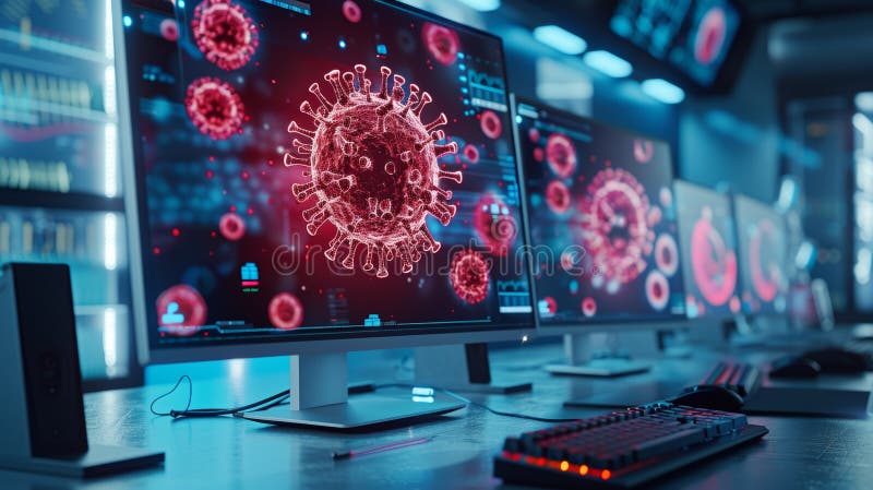High-tech Workspace with Computer Monitors Displaying Virus Cells ...