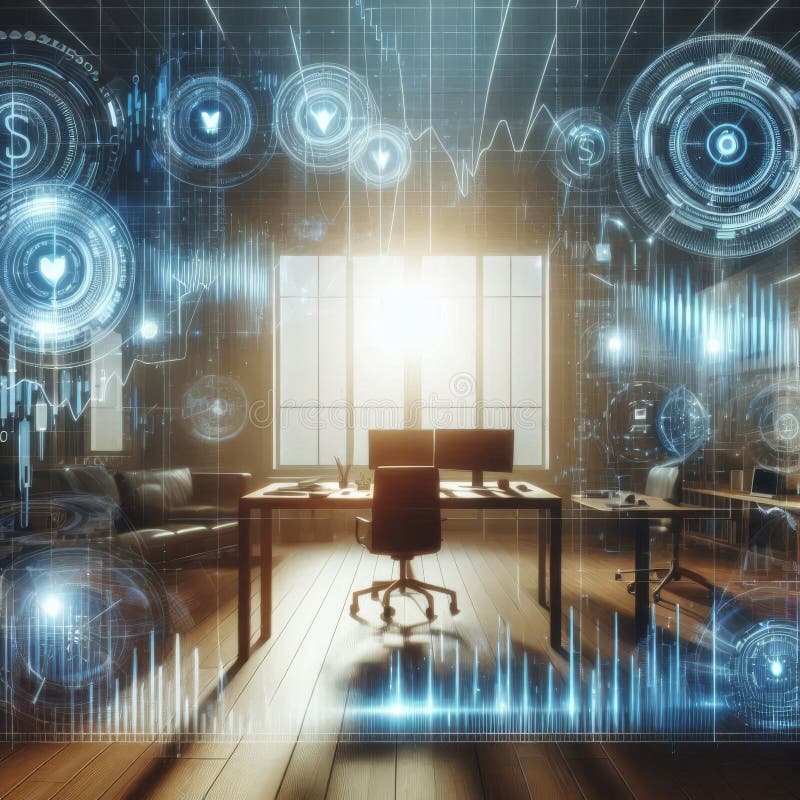 High-tech Workspace with Digital Interface Overlays and Data Charts ...