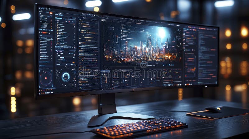 High-Tech Workspace Featuring Dual Monitor Setup Stock Illustration - Illustration of tools ...