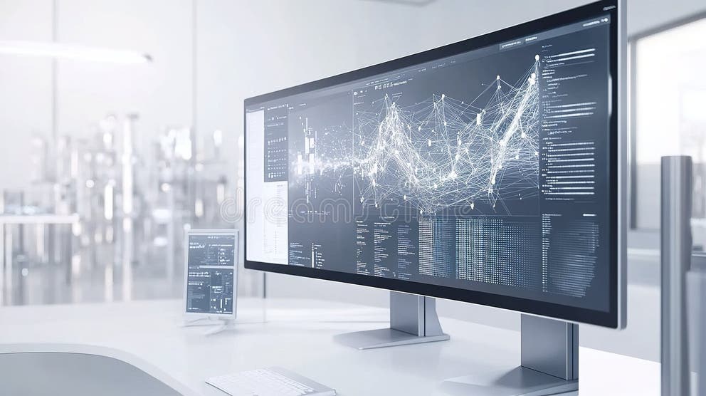 High-tech Workspace Featuring a Large Monitor Displaying Complex Data Visualizations and ...