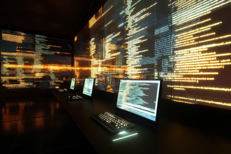 High-tech Workspace with Glowing Screens Displaying Code in a Dark Environment Stock Image ...