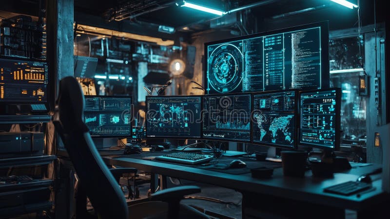 High-tech Workspace with Multiple Monitors Displaying Data and Code Stock Photo - Image of ...