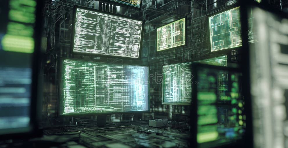 High-tech Workspace with Multiple Screens Displaying Green Code in a Modern Data Center Stock ...