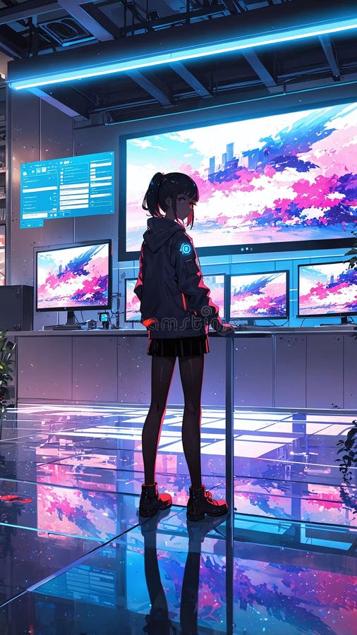 High Tech Workspace Scene with Futuristic Anime Characters Using ...
